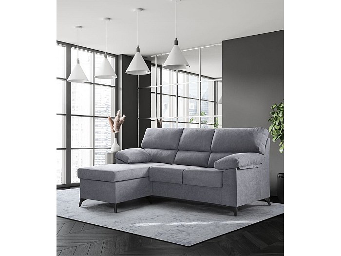 Sofá chaise longue de 110x200x157 cm de tela en color gris y patas en color negro Hilton