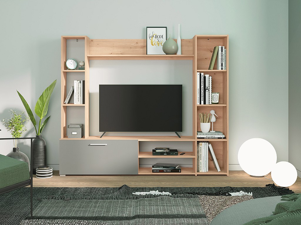 Mur TV avec rangements et LEDs - Naturel - BRIANO