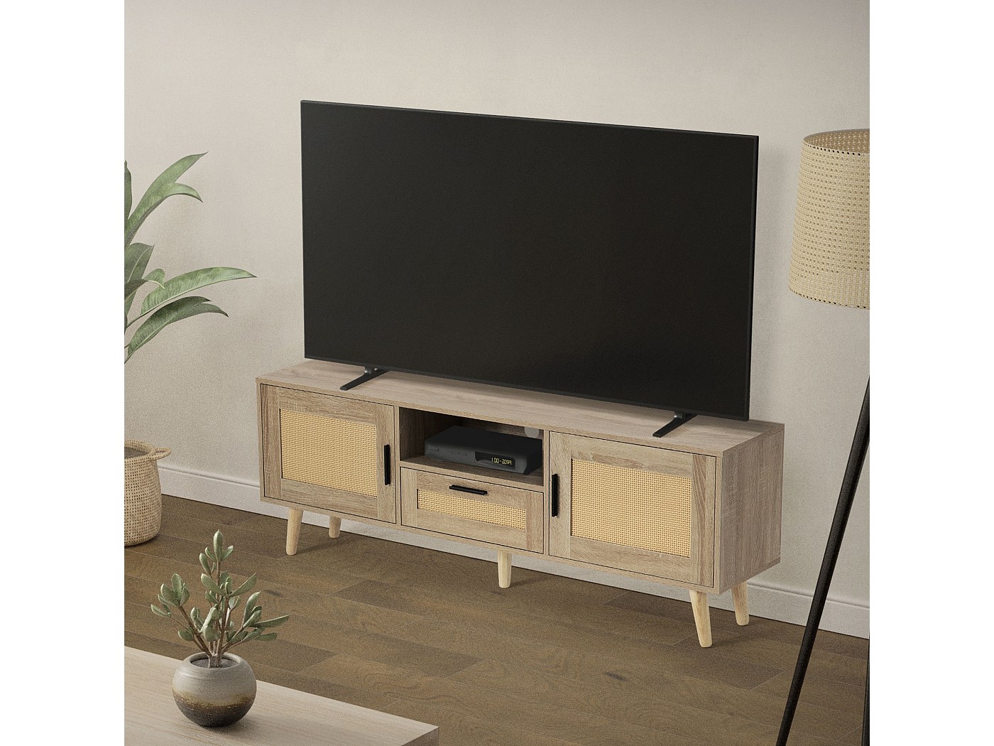 Commode TV 140 cm armoire de télévision en rotin effect chêne pieds bois massif