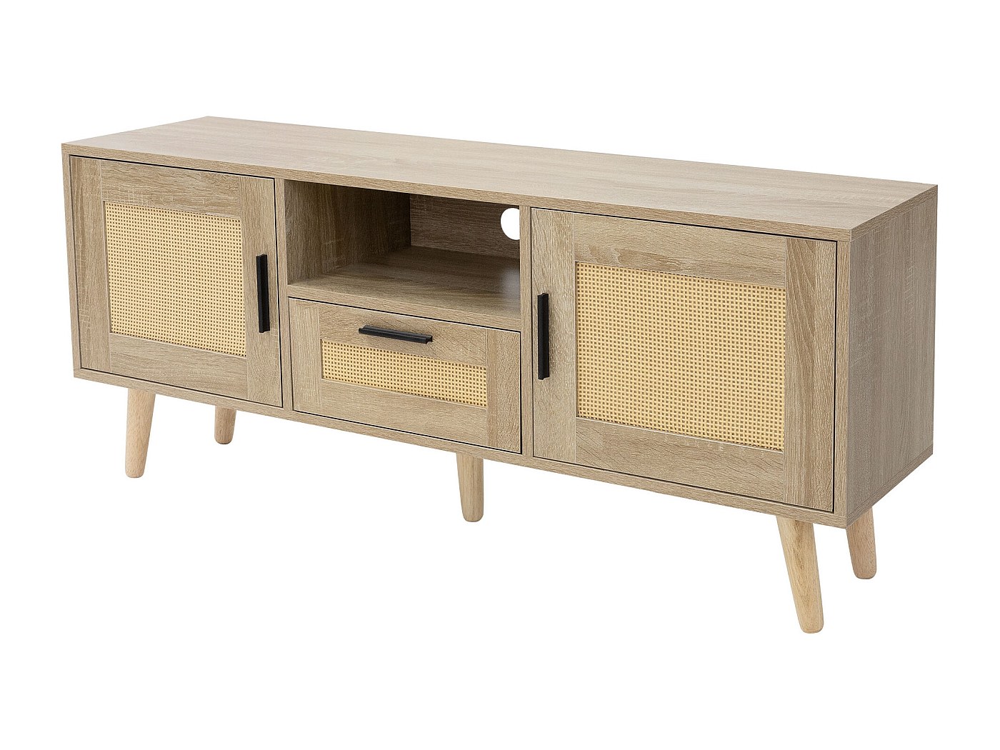 Commode TV 120 cm armoire de télévision en rotin effect chêne pieds bois massif