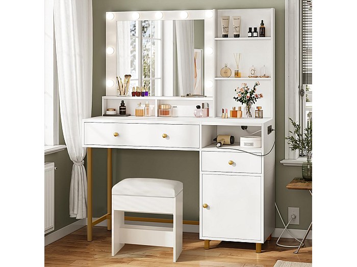 Coiffeuse avec Miroir LED et Tabouret - 115L x 40P x 140H cm - 3 Modes ...