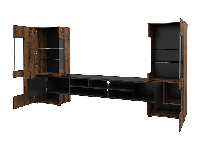 Conjunto de suportes para TV e 2 armários Akram em madeira Wenge e preto