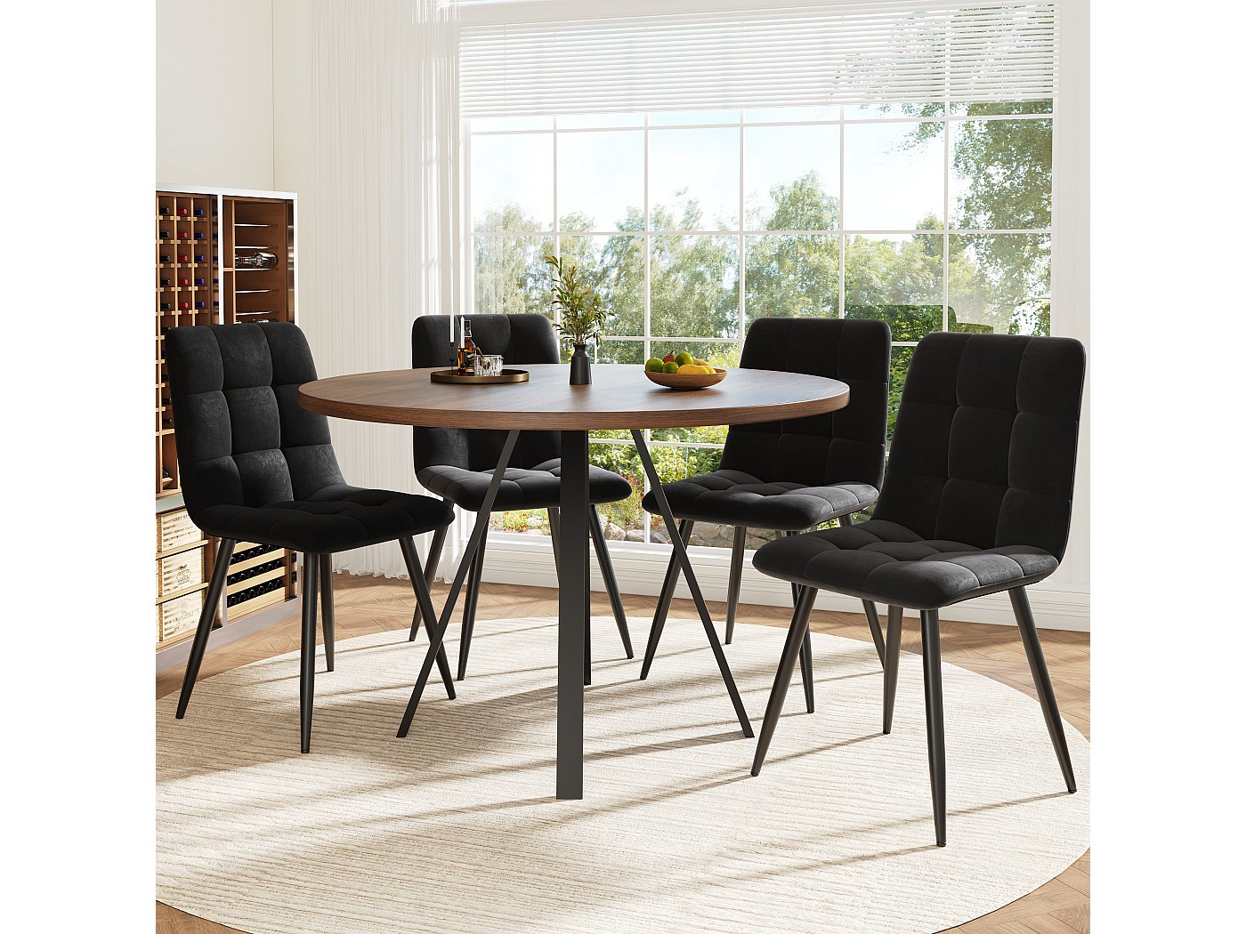 Ensemble table ronde + 4 chaises en velours noir sans accoudoirs - D 80 ...