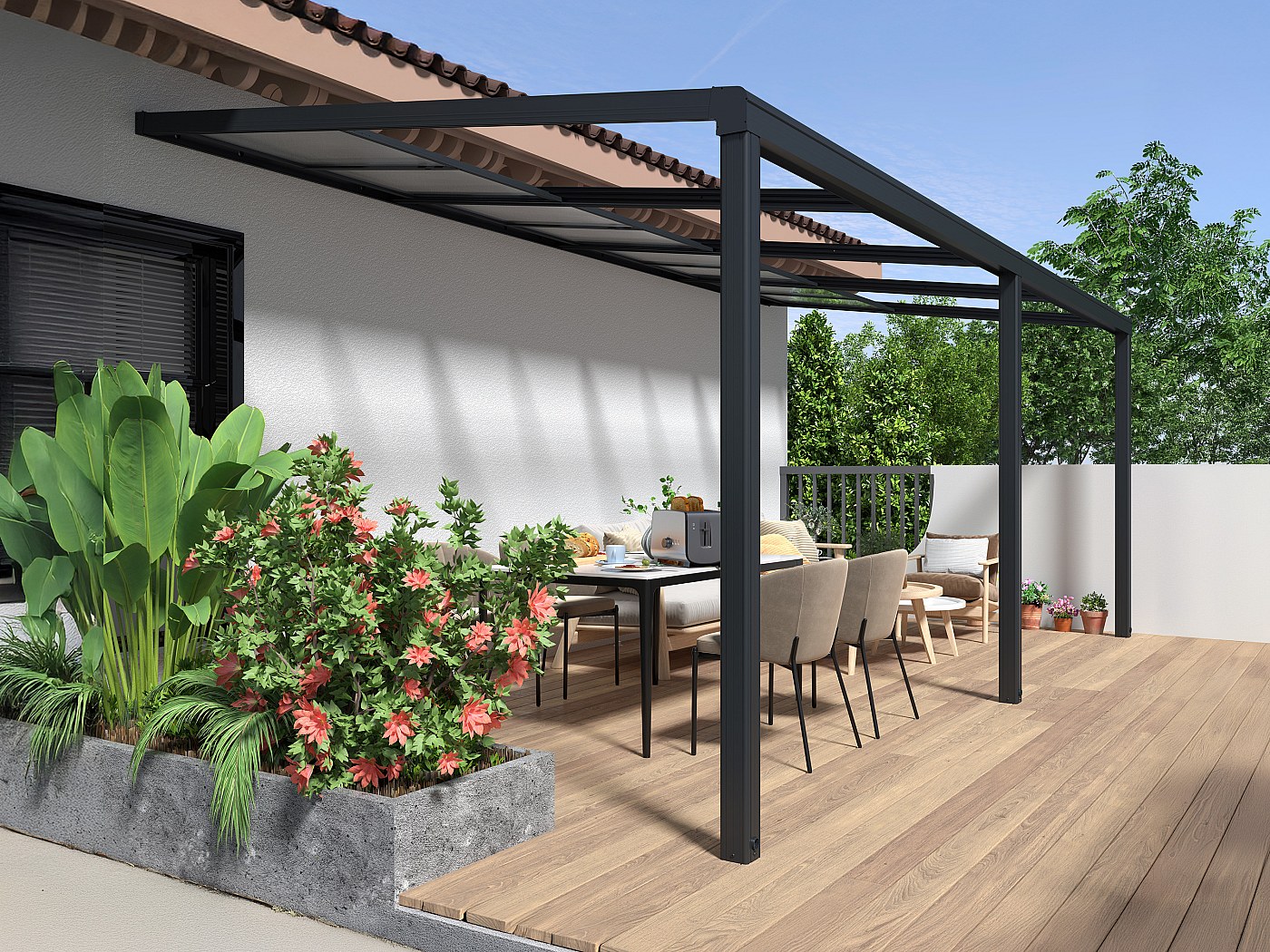 Pergola voor tegen de muur met schuifbaar dak - 18 m² - Antraciet - IZEDA