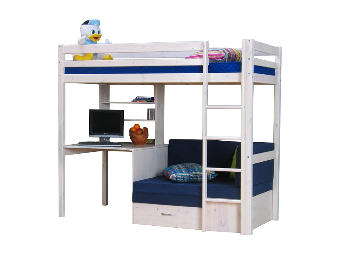 Hoogslaper wit met bureau, bank en kussenset blauw Kids.