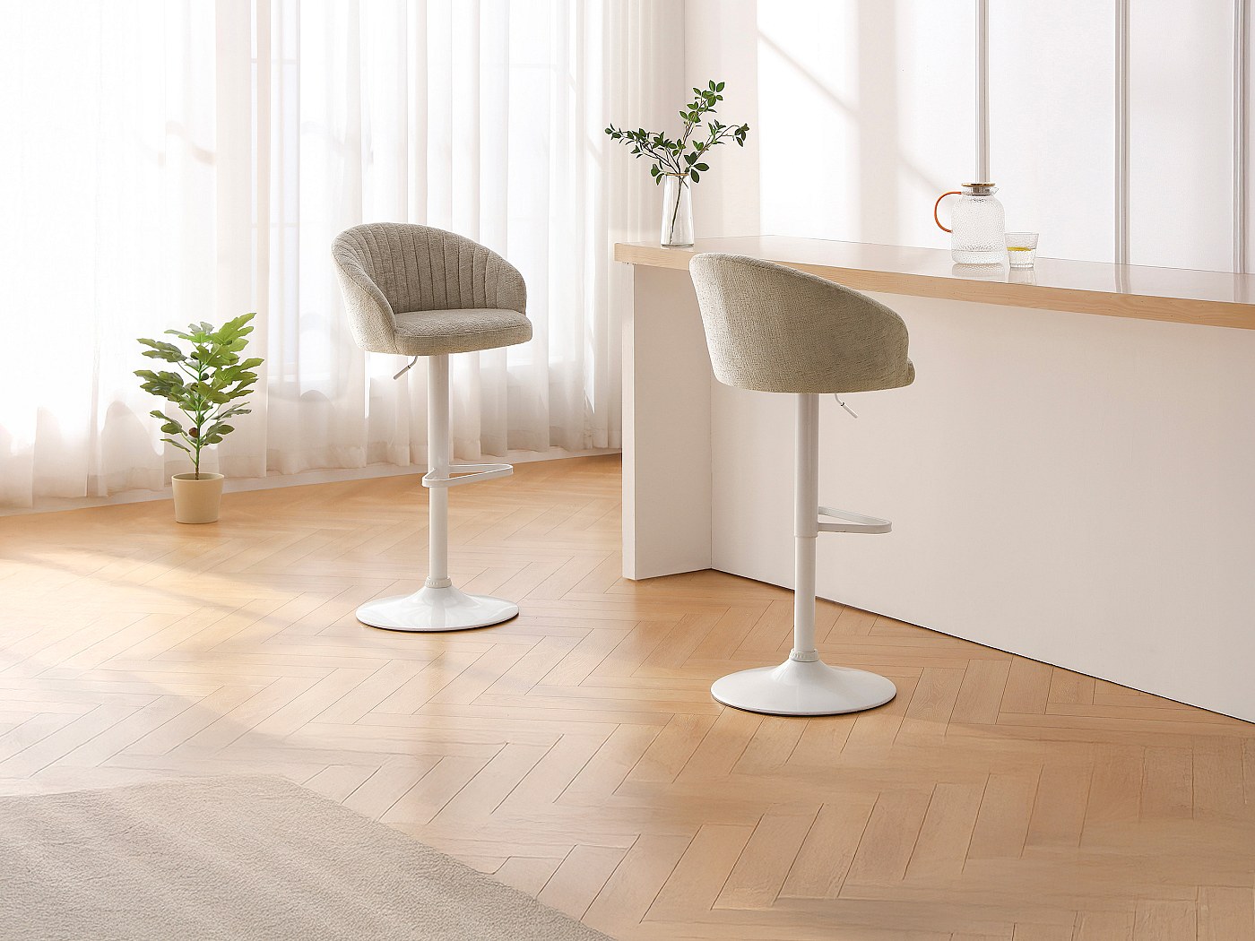 Lot de 2 tabourets de bar en tissu et métal blanc - Hauteur réglable ...