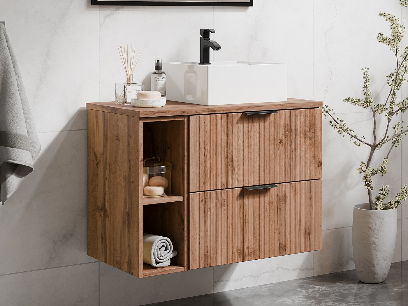 Meuble de salle de bain strié naturel clair avec niches et vasque à ...