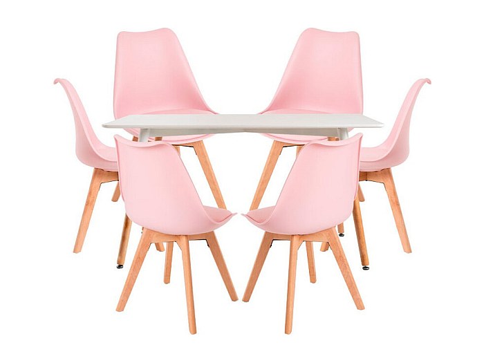 Conjunto Mesa Tower Rectangular 120 x 80 cm Blanca y Pack 6 Sillas Synk Basic - Rosa