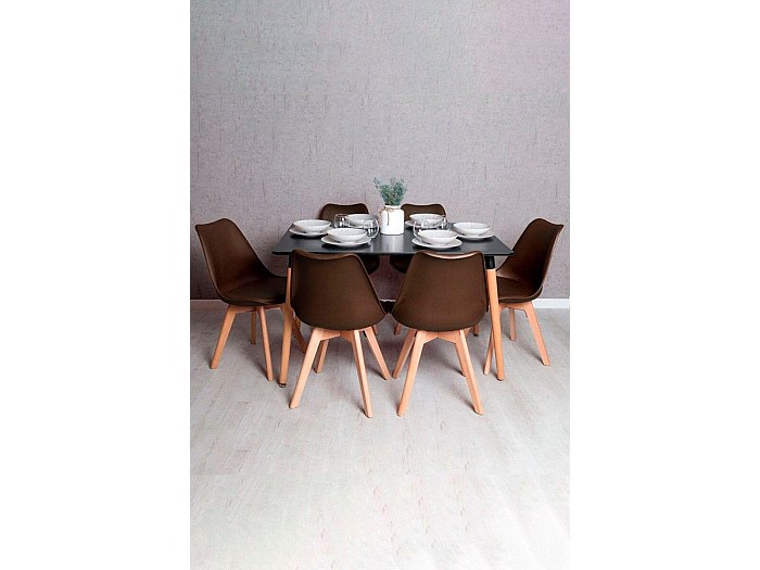Conjunto Mesa Tower Rectangular 120 x 80 cm Negra y Pack 6 Sillas Synk Basic - Marrón