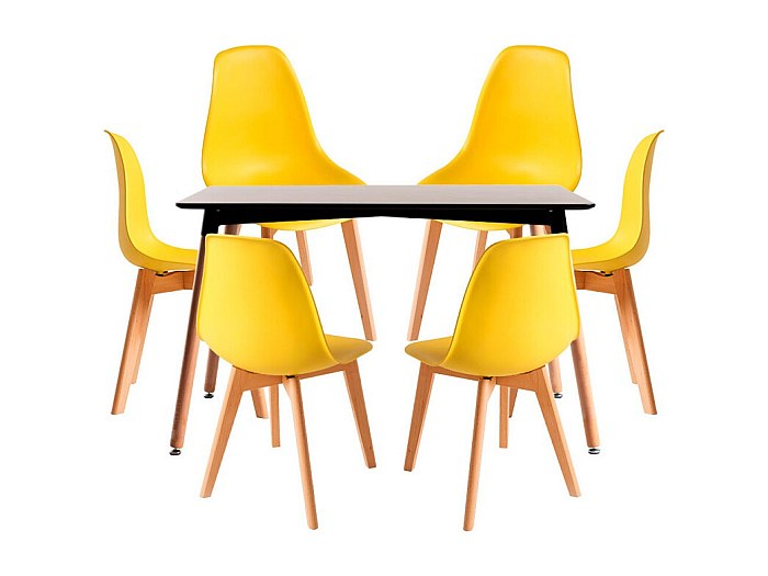 Conjunto Mesa Tower Rectangular 120 x 80 cm Negra y Pack 6 Sillas Kelen - Amarillo