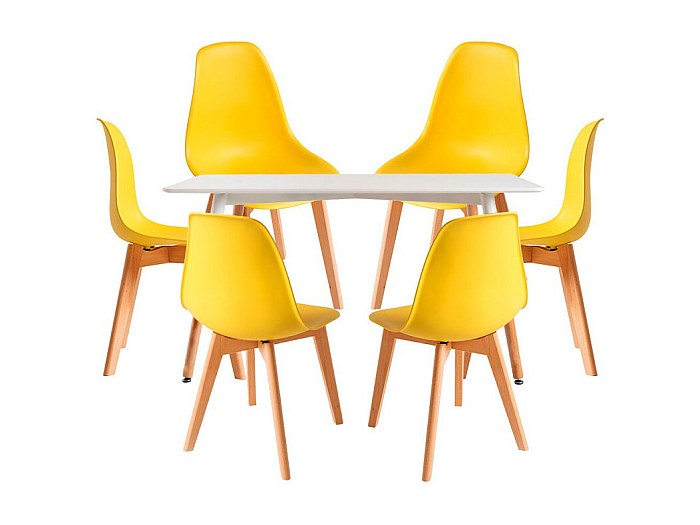 Conjunto Mesa Tower Rectangular 120 x 80 cm Blanca y Pack 6 Sillas Kelen - Amarillo
