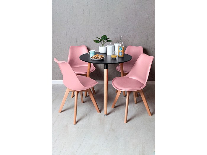 Conjunto Mesa Tower Redonda 80 cm Negra y Pack 4 Sillas Synk Basic - Rosa