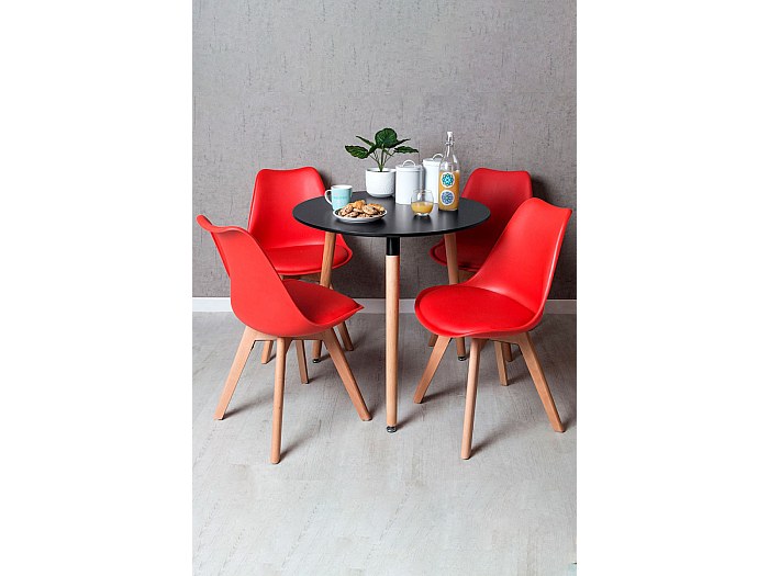 Conjunto Mesa Tower Redonda 80 cm Negra y Pack 4 Sillas Synk Basic - Rojo