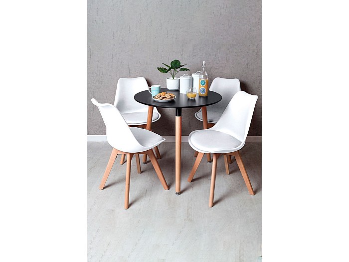 Conjunto Mesa Tower Redonda 80 cm Negra y Pack 4 Sillas Synk Basic - Blanco