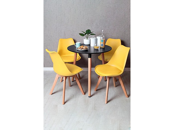 Conjunto Mesa Tower Redonda 80 cm Negra y Pack 4 Sillas Synk Basic - Amarillo
