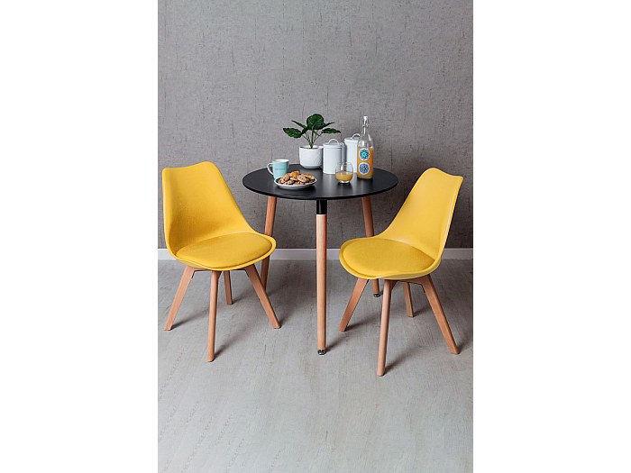 Conjunto Mesa Tower Redonda 80 cm Negra y Pack 2 Sillas Synk Basic - Amarillo