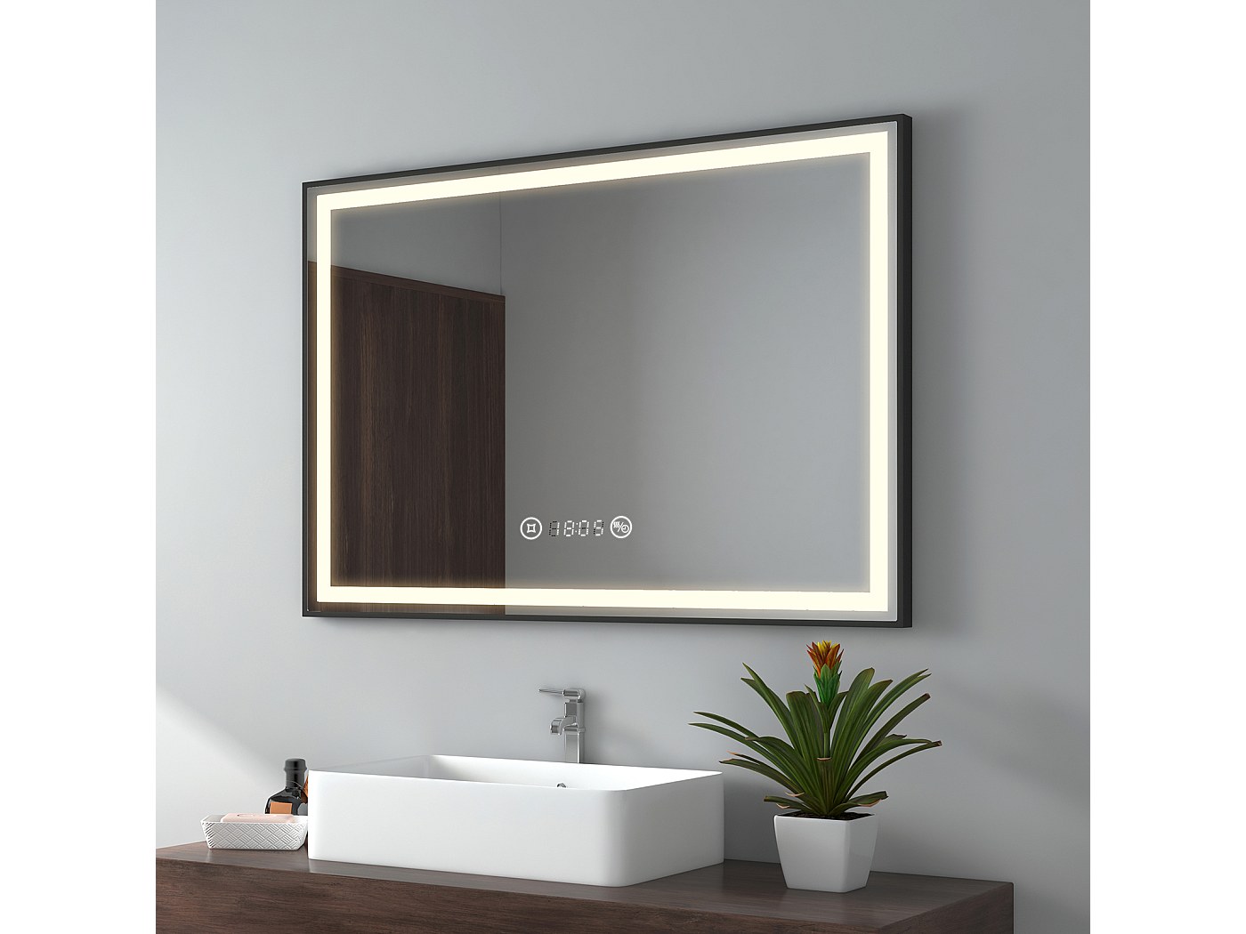 EMKE LED Badkamerspiegel 100x70 cm, Zwart Frame, Spiegel met ...