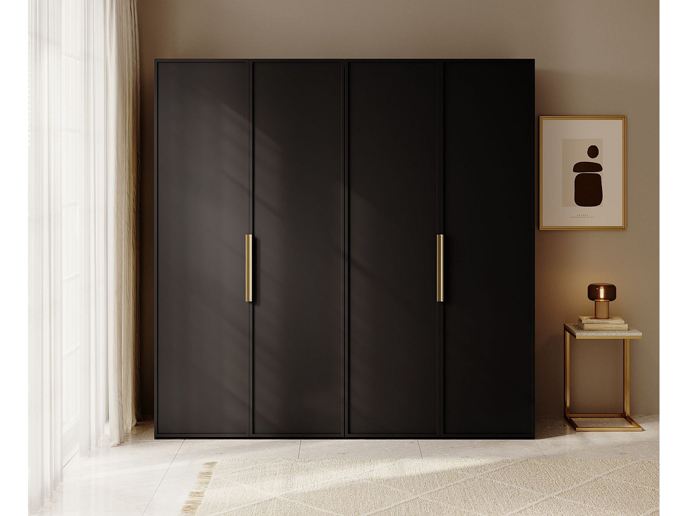 4-deurs kledingkast met 2 roedes en planken - 200 cm - zwart - FRAME