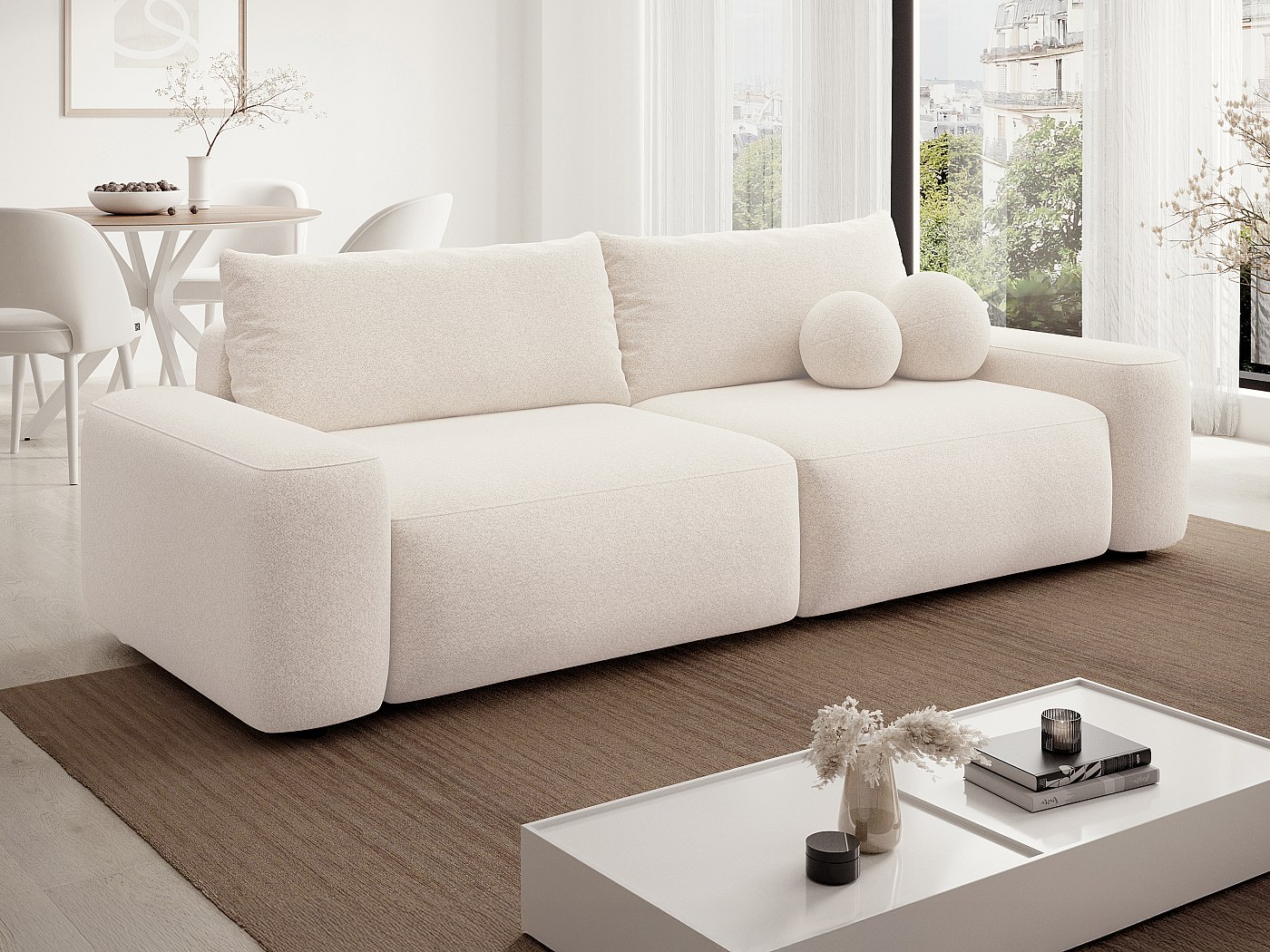 Canapé 4 places convertible en tissu texturé crème DAVISO