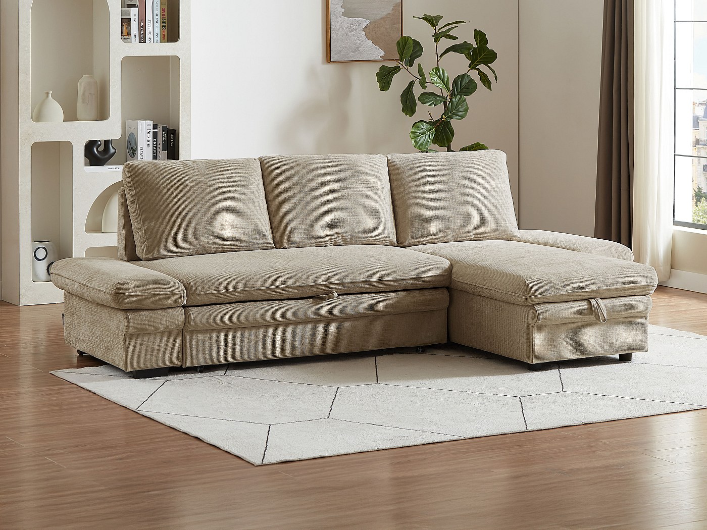 Canapé d'angle convertible et réversible en tissu chenille beige SIVIARA