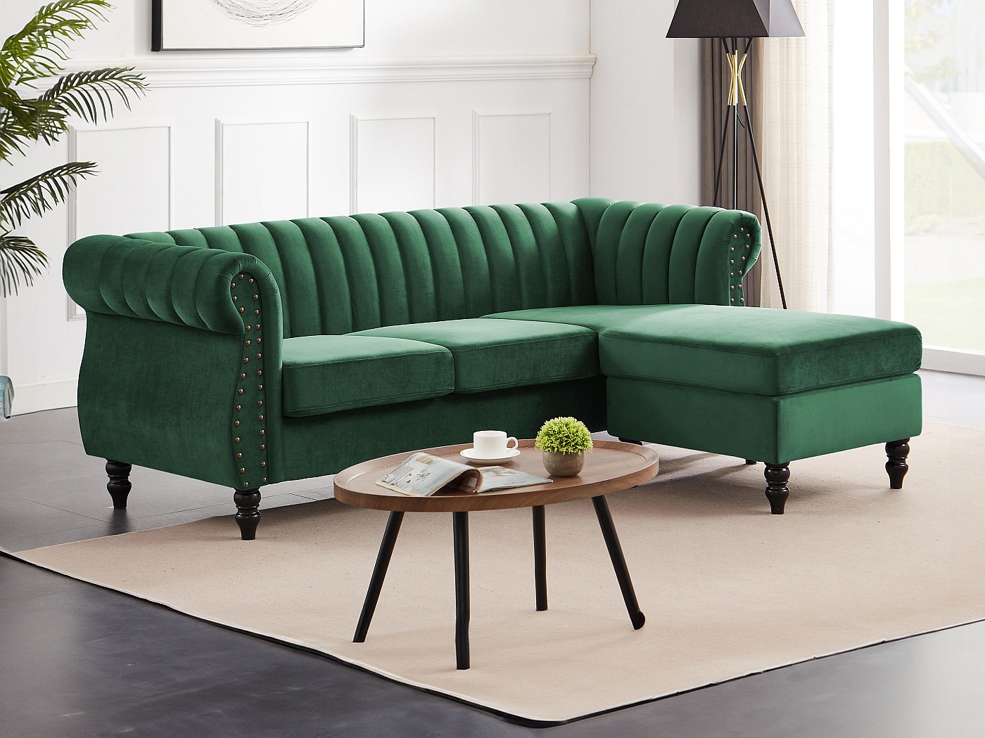 Canapé d'angle réversible en velours vert sapin style charme vintage TRUMBO
