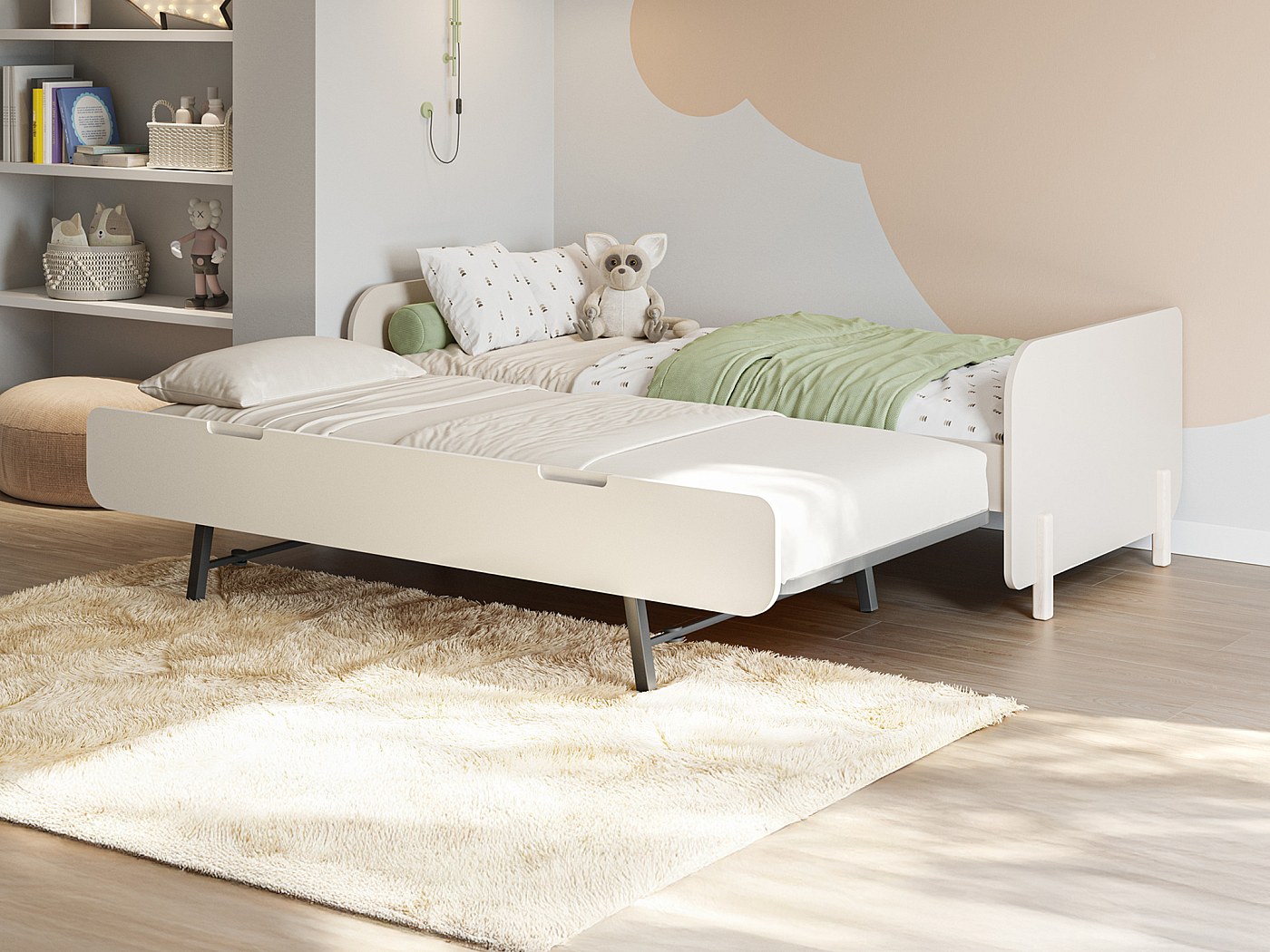 Cama dupla 2 x 90 x 190 cm em MDF e pinho cor natural clara e bege - TALUDO
