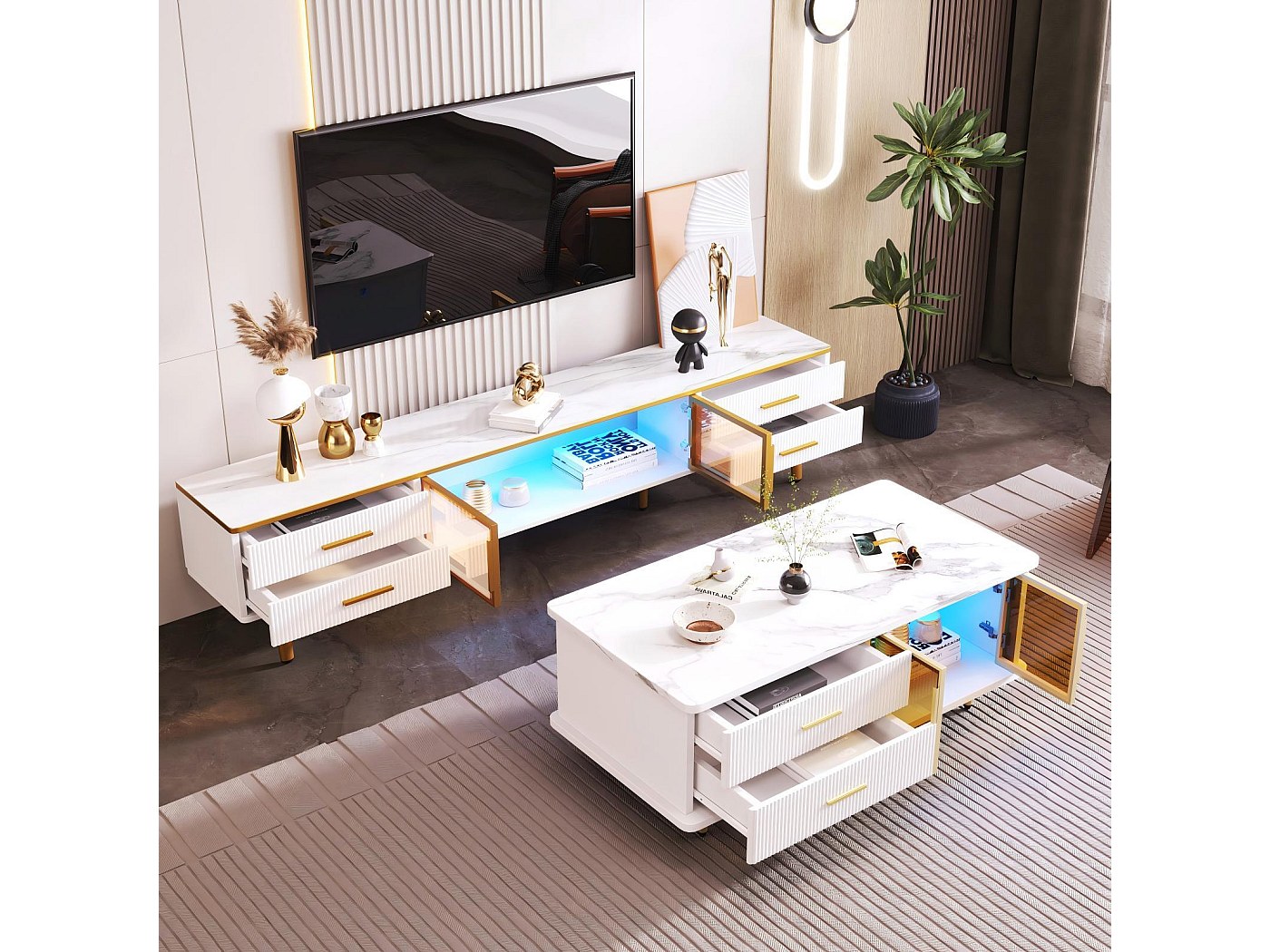 Ensemble Table basse + Meuble TV avec LED 4 tiroirs et 1 niches ...