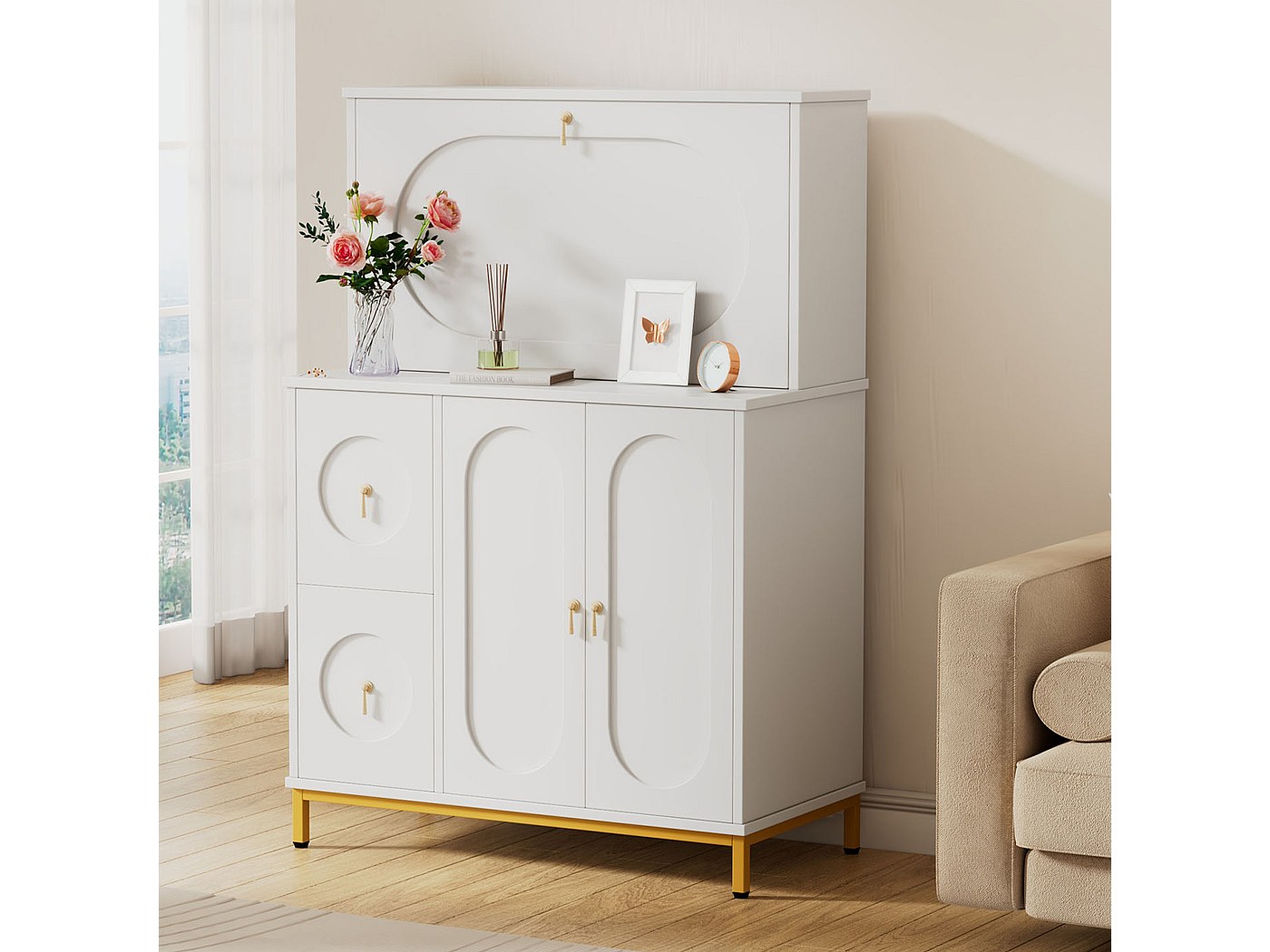 Buffet avec 3 portes et 2 tiroirs, Bureau - 100 x 51 x 150 cm - Bois ...