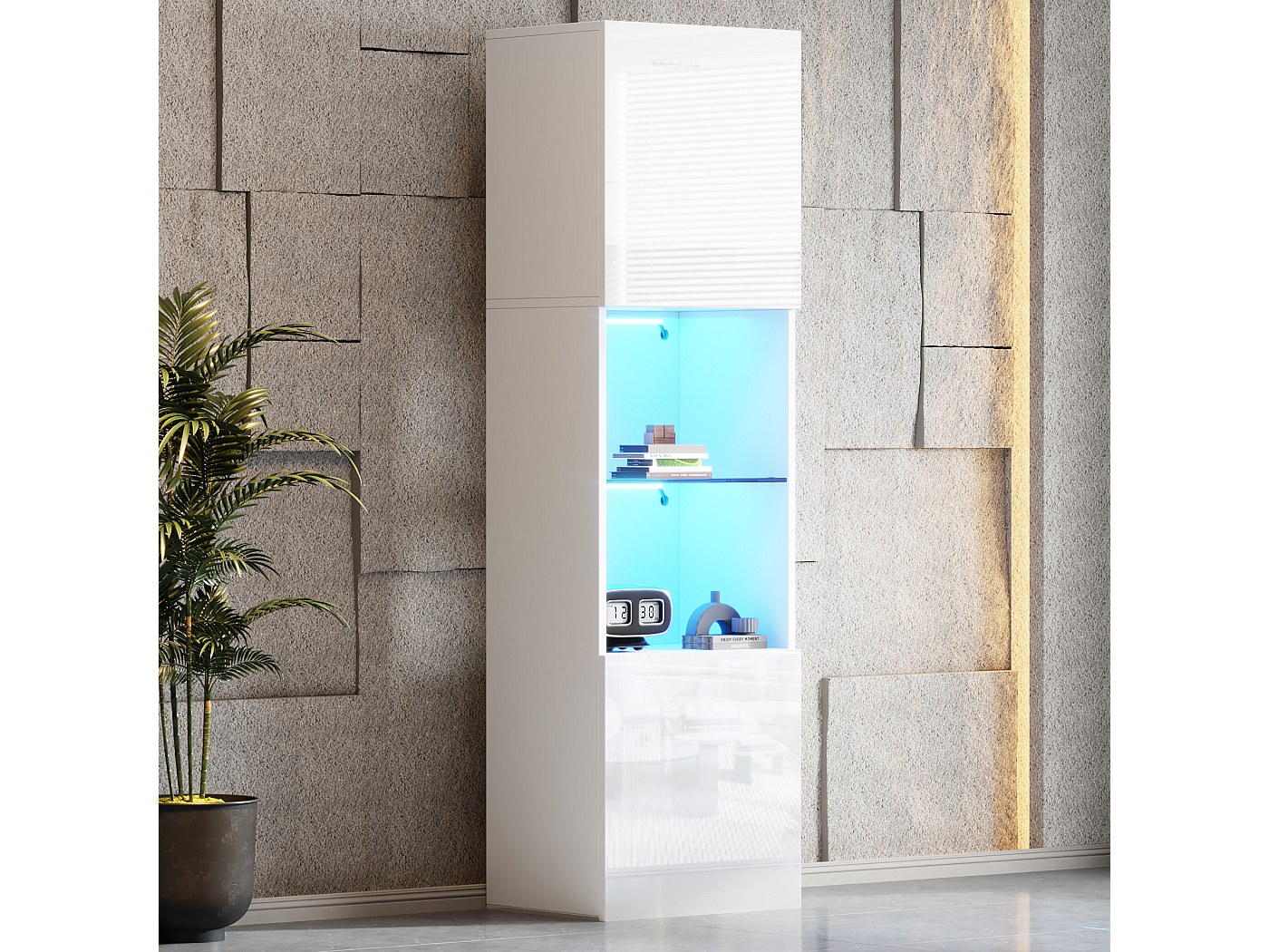 Vitrine avec 2 portes et 1 étagère en verre - 45 x 35 x 160 cm - LEDs ...