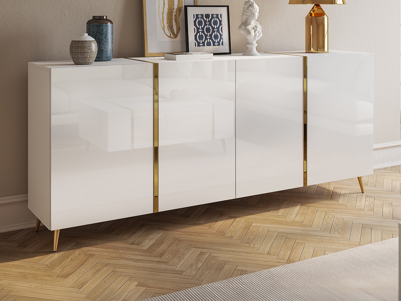 Sideboard mit 4 Türen - 200 cm - Hochglanz Weiß und Gold - MARZIALO
