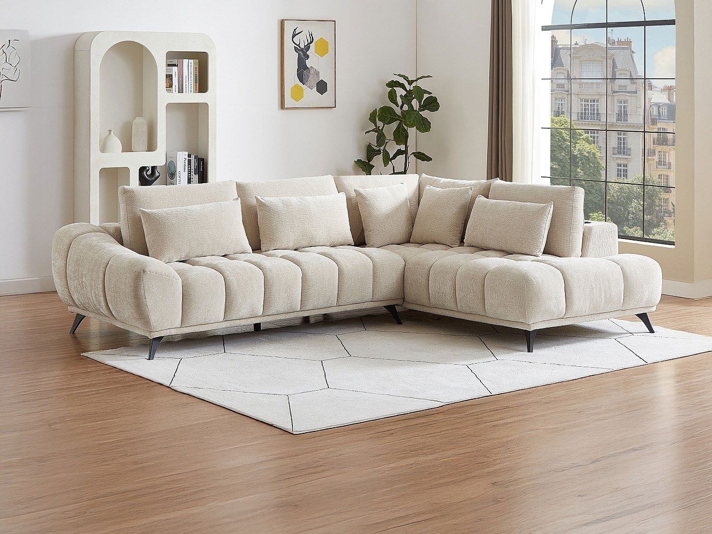 Canapé d'angle droit avec dossier relevable en velours texturé beige MAVIRO