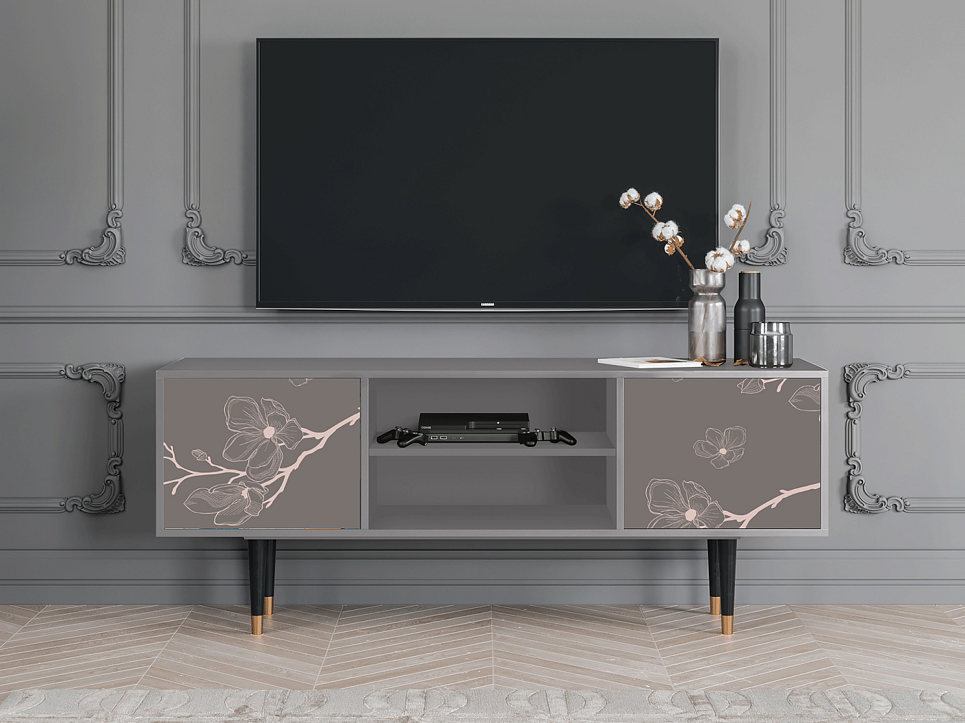 Szafka RTV - 170х69х48 cm - T2 - Cherry Blossom, Szary