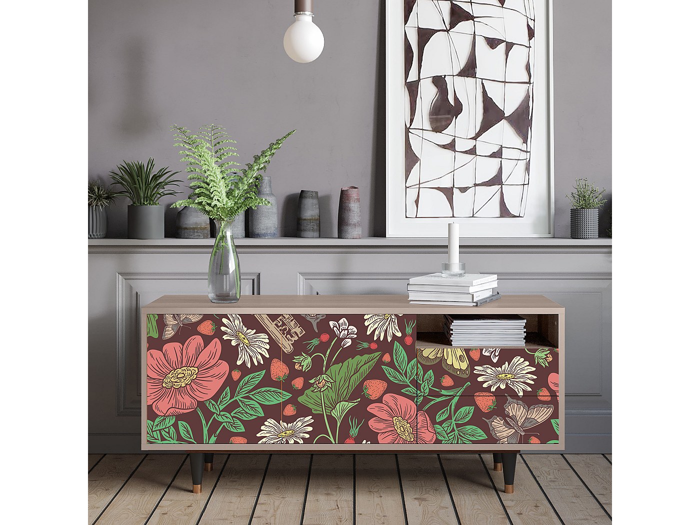 Szafka RTV - 125х56х41 cm - T7 - Alice in Wonderland, Latte