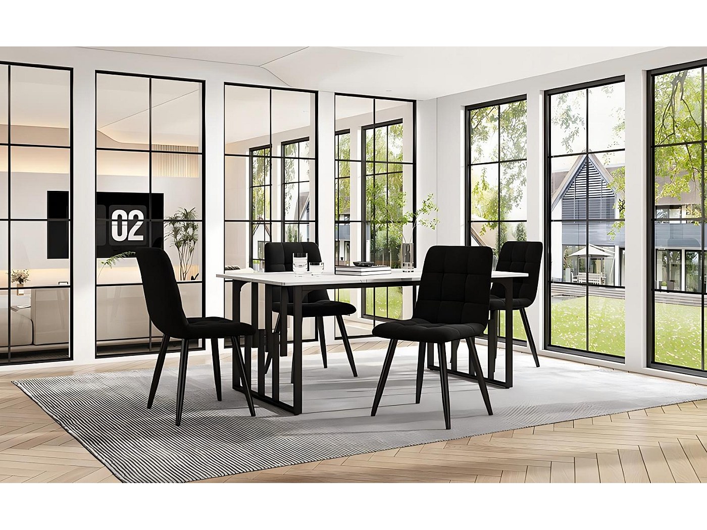 Table à manger 140x80x75cm, en MDF et acier, avec 4 chaises en velours ...