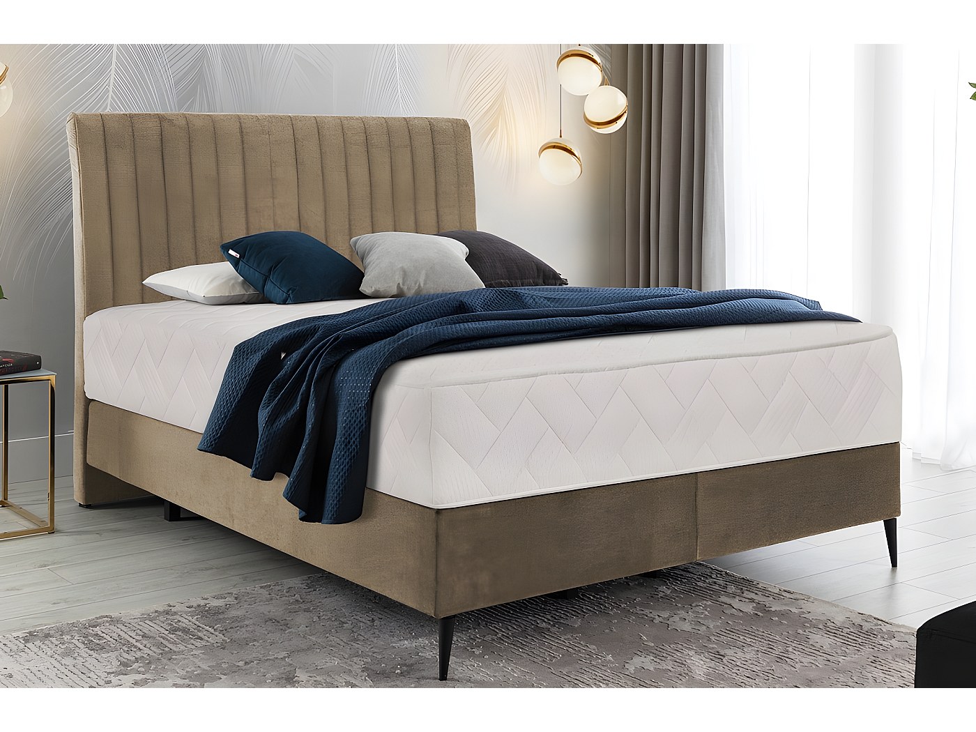Ensemble lit + sommier + matelas tissu velours beige - 140x200 cm ...