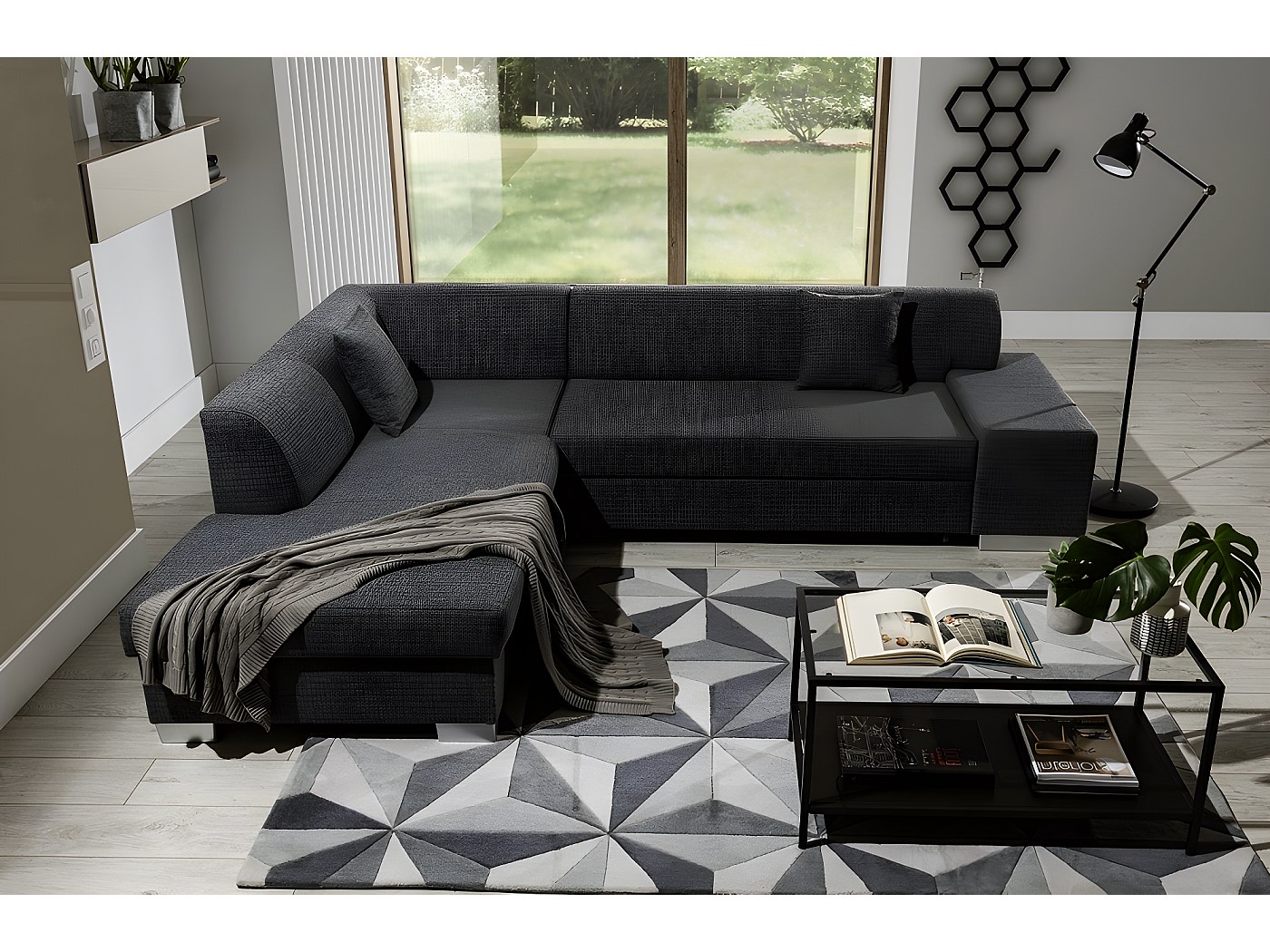 Canapé d'angle convertible en tissu luxe 5 places, coffre - gris foncé ...