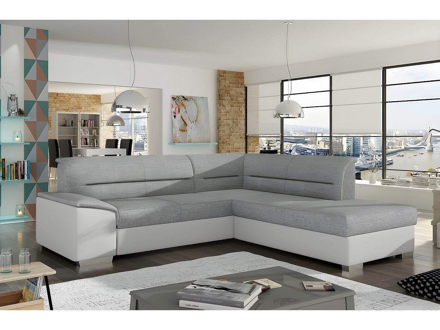 Canapé d'angle convertible en tissu luxe gris et simili cuir blanc ...