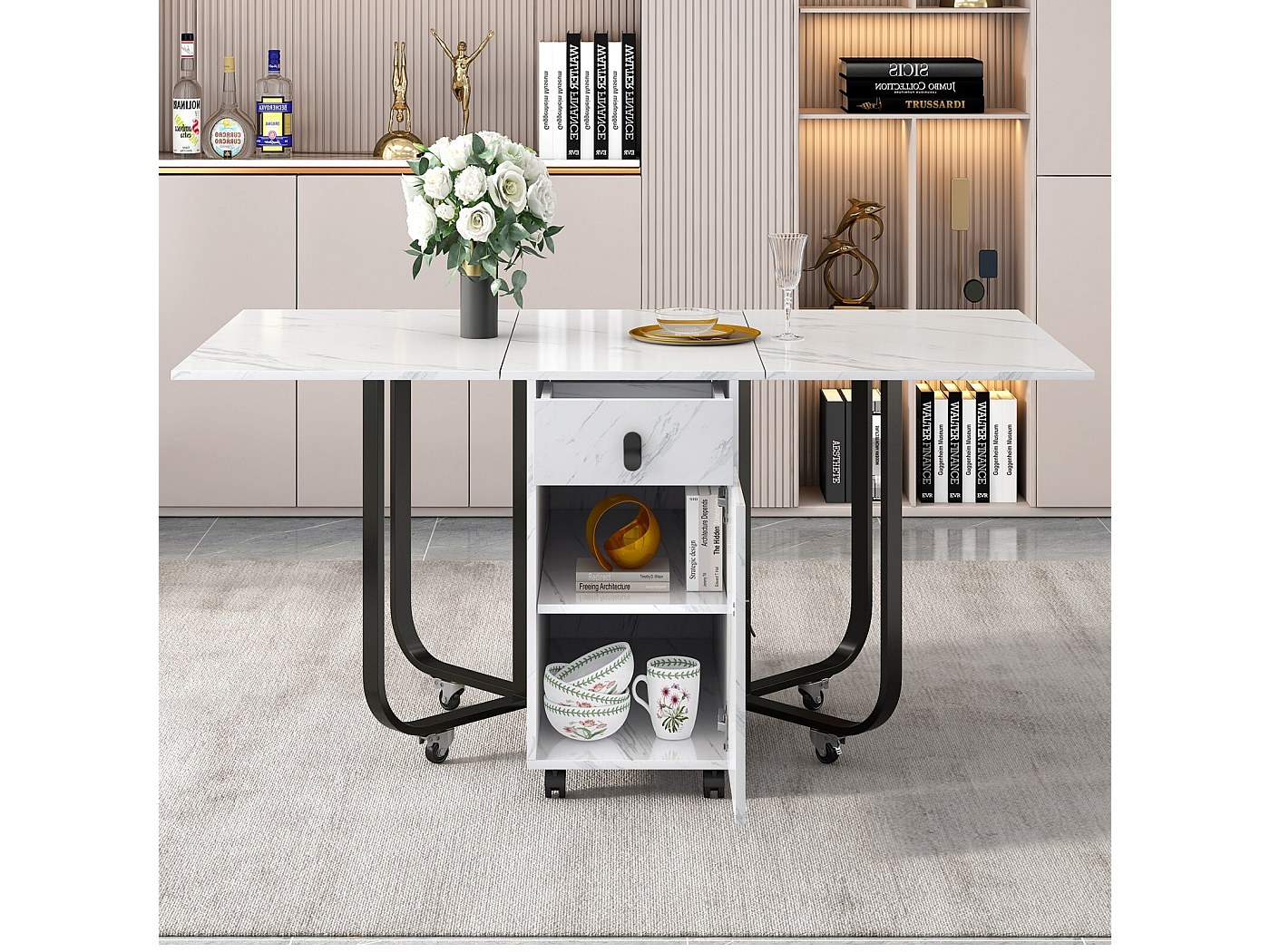 Mesa de comedor extensible y plegable, con ruedas, 1 puerta y 1 cajón ...