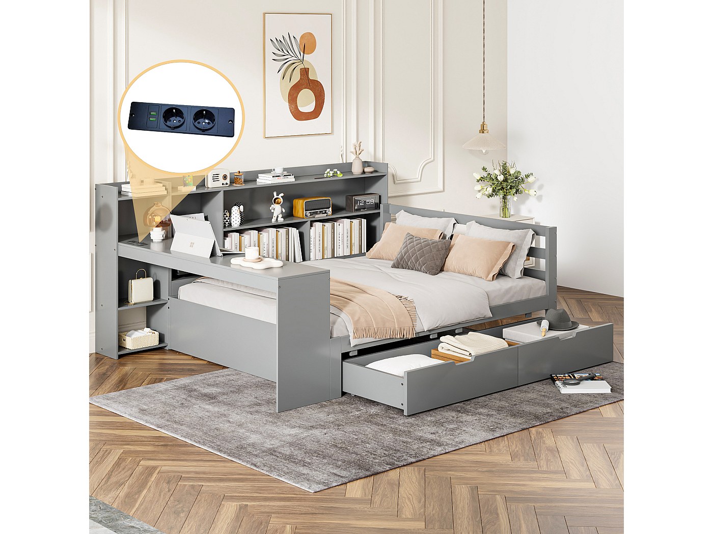 Bed 140 x 200 cm met hoofdbord en 2 lades - bureau, opbergvakken en USB ...