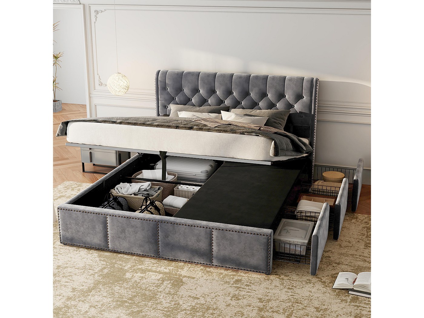 Lit coffre 140 x 190 cm avec tête de lit et 3 tirois - Décor rivet ...