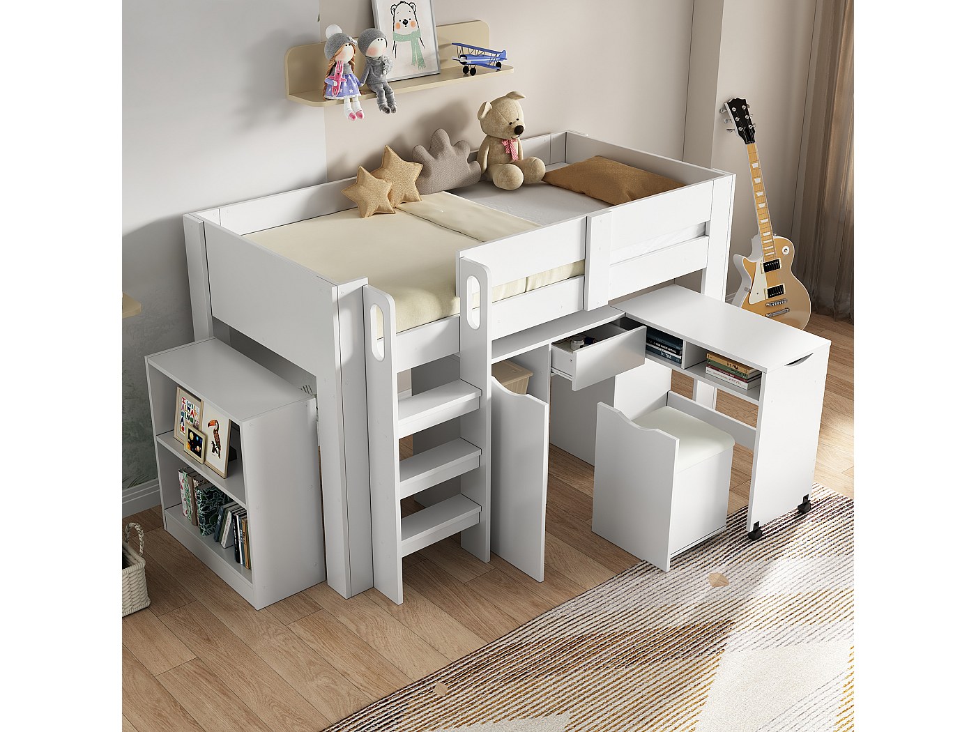 Lit mezzanine 90 x 200 cm avec bureau coulissant, armoire et tabouret ...