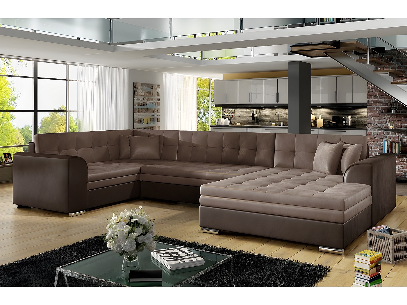 Canapé panoramique convertible - DAMIEN VELOURS - en tissu marron clair ...