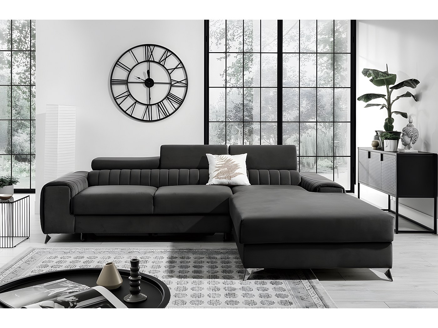 Canapé d'angle convertible en tissu velours Luxe noir, 5 places, angle ...