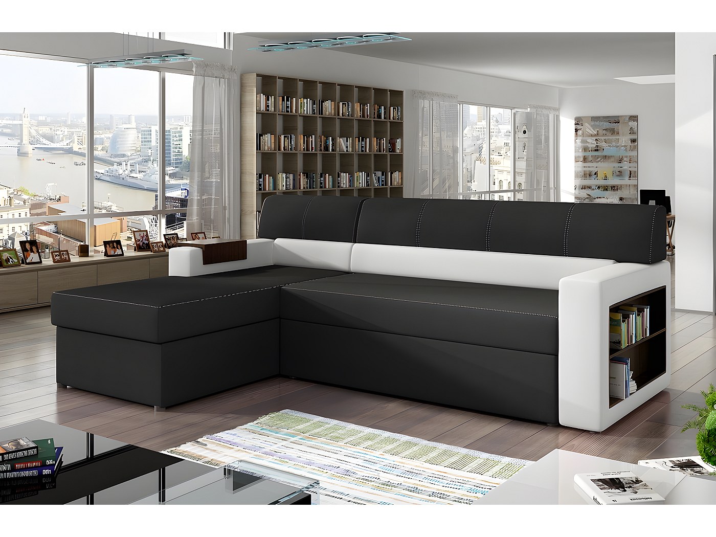 - Canapé d'angle convertible en tissu luxe noir et simili cuir blanc ...