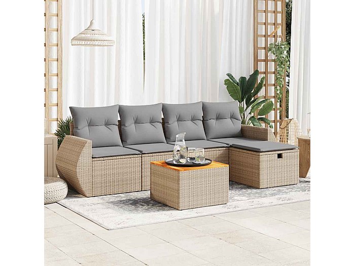 Conjunto de muebles de jardín con cojines 6 piezas resina tejida beige