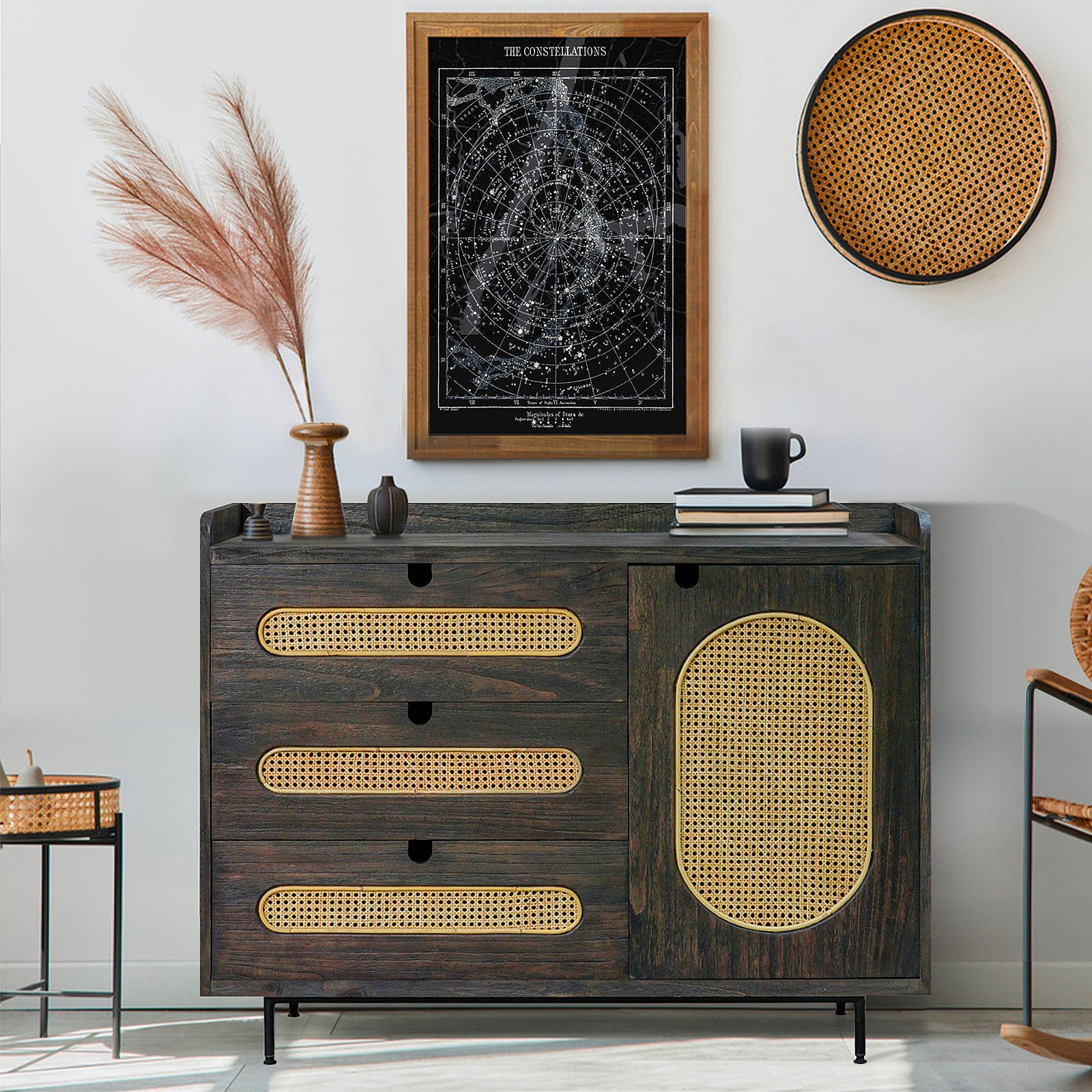 Commode noir 3 tiroirs en bois massif de mindy et cannage OLONG