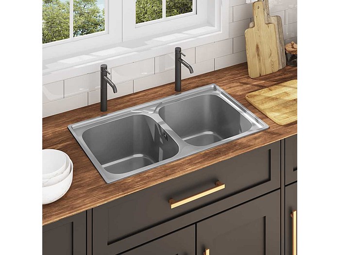 évier double de cuisine avec crépine et piège Acier inoxydable