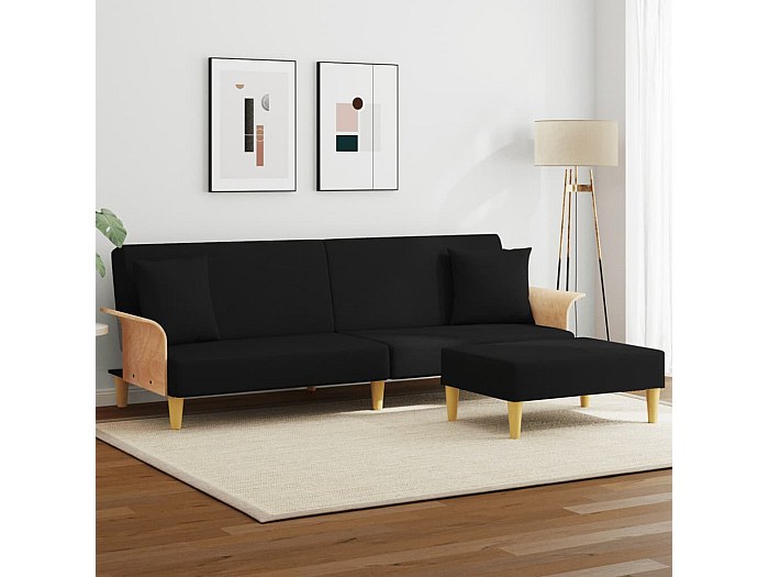 Canapé-lit à 2 places et oreillers et repose-pied noir velours