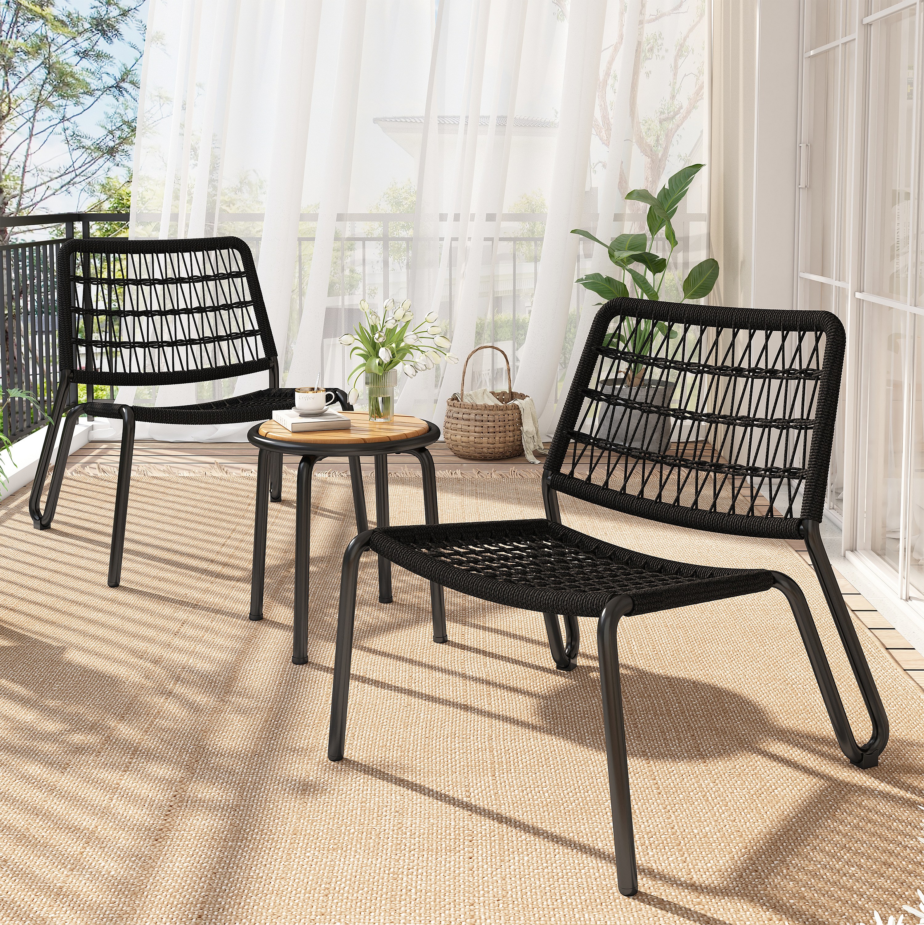 Tuintafel en 2 stoelen set - Gegalvaniseerd staal, touw en massief hout ...