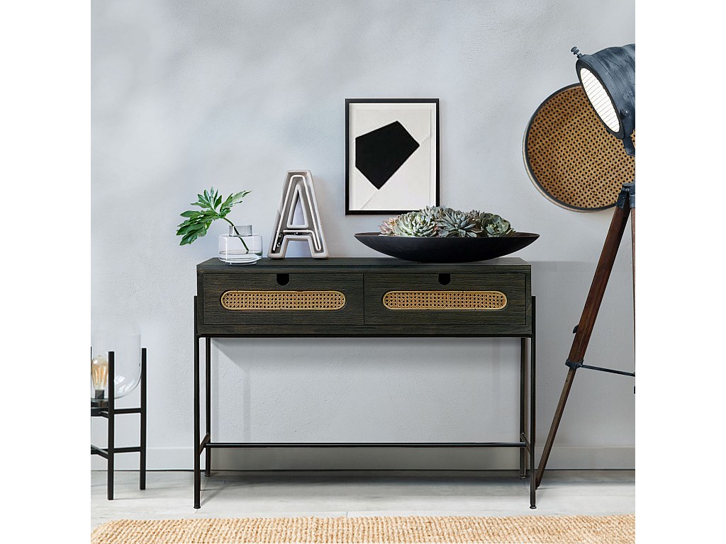 Console noir 2 tiroirs en bois massif de Mindy et cannage OLONG